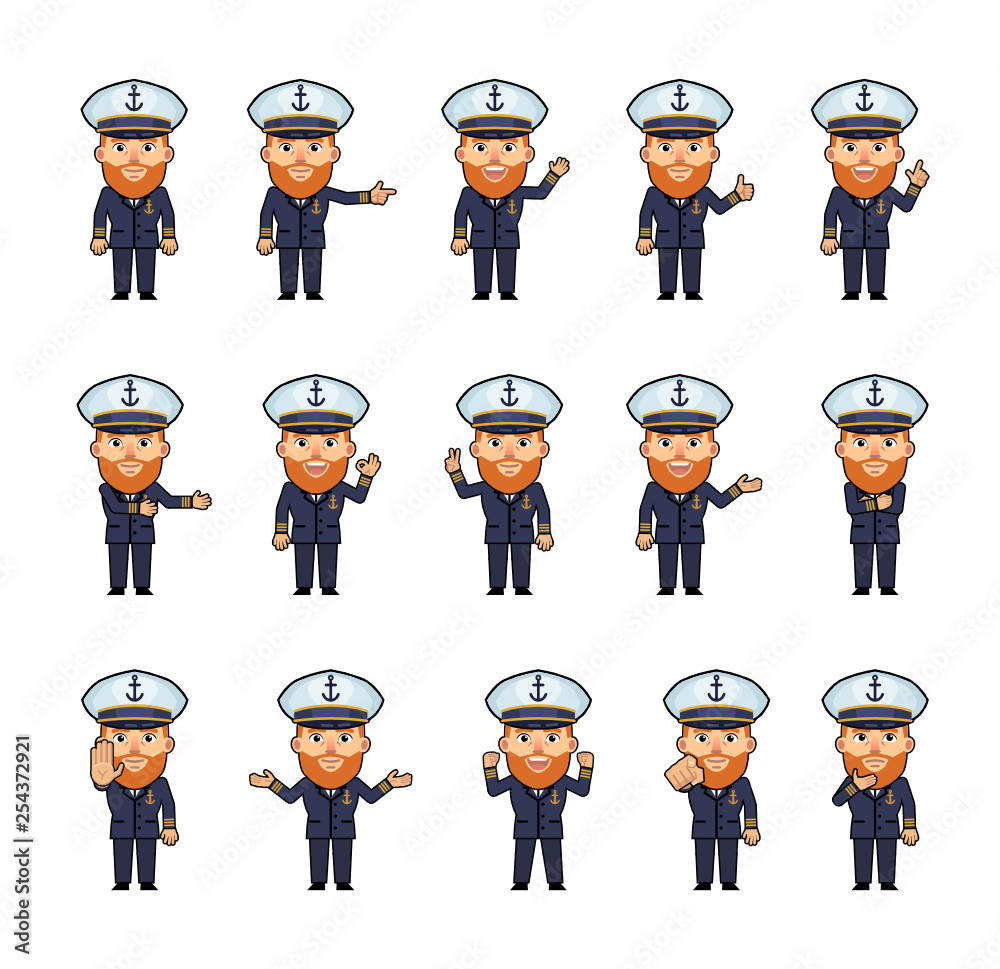 Set of old navy captain characters showing various hand gestures. Funny ...