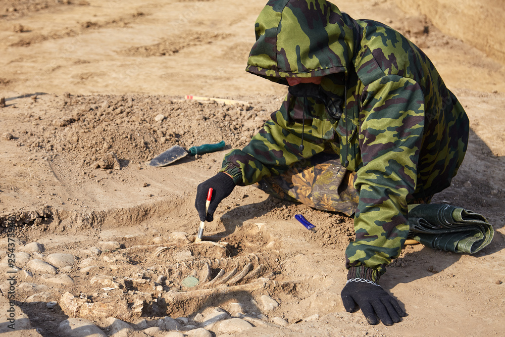 Archaeological excavations. The archaeologist in a digger process ...
