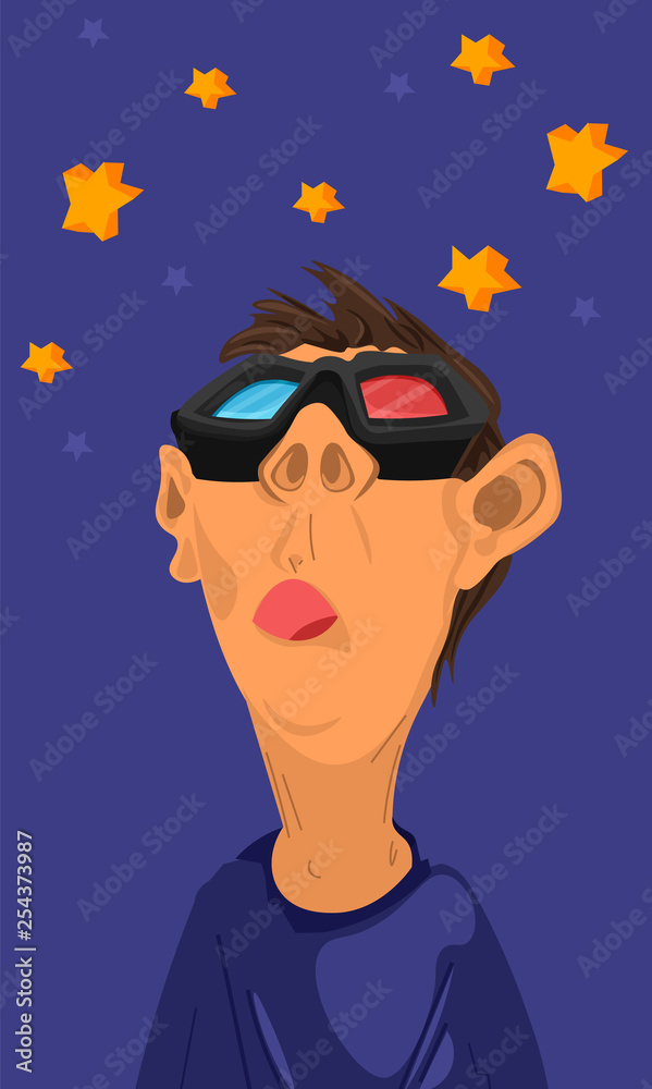 Boy watching 3d stars movies with glasses Vector. cartoon characters ...