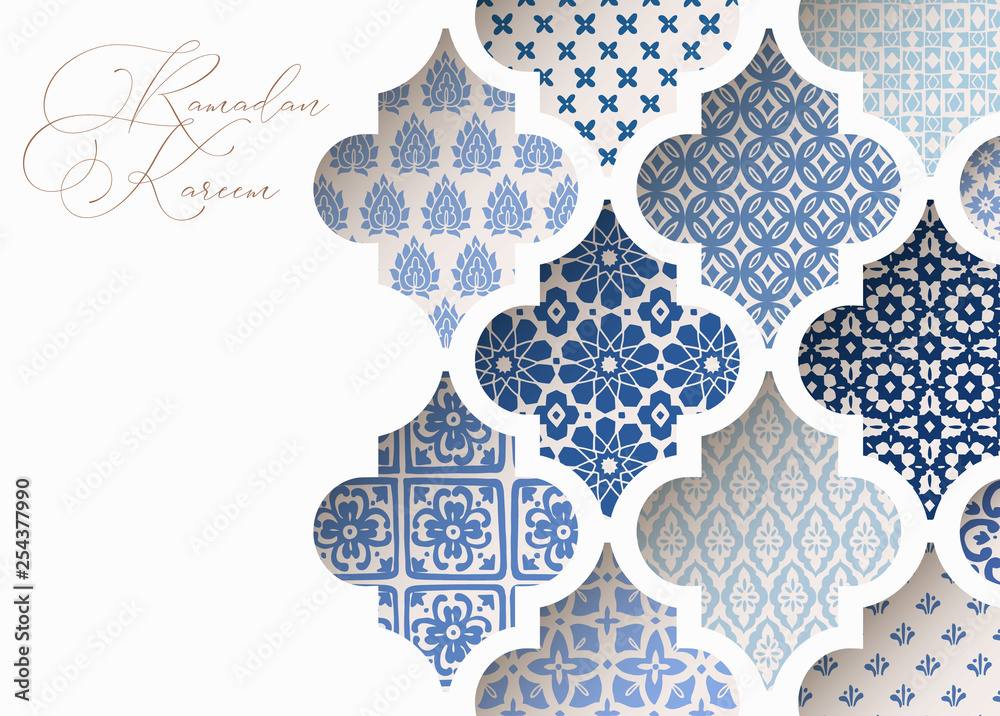 Close-up of blue ornamental arabic tiles, patterns through white mosque ...