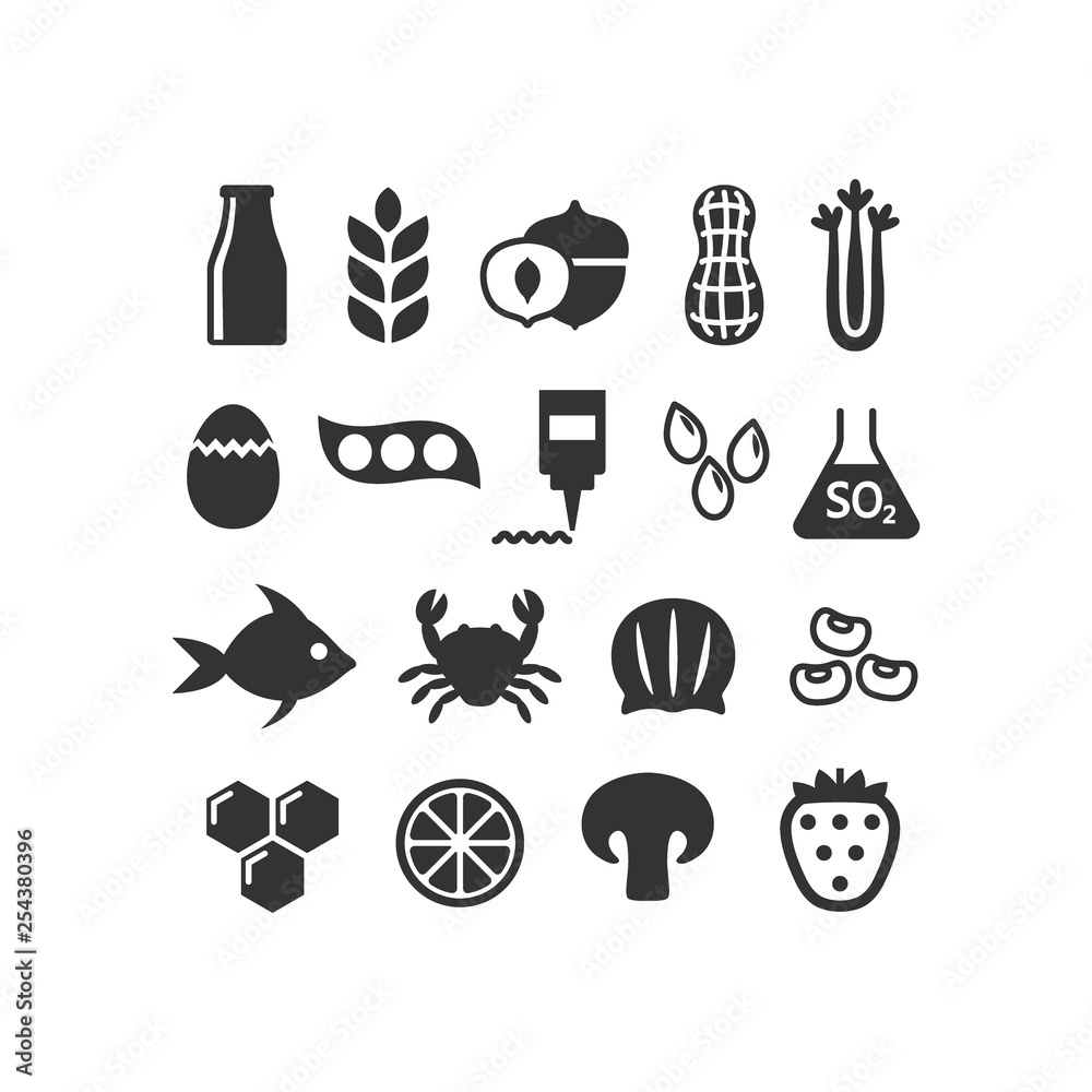 Black isolated food allergens icon set. Food allergy symbols vector ...