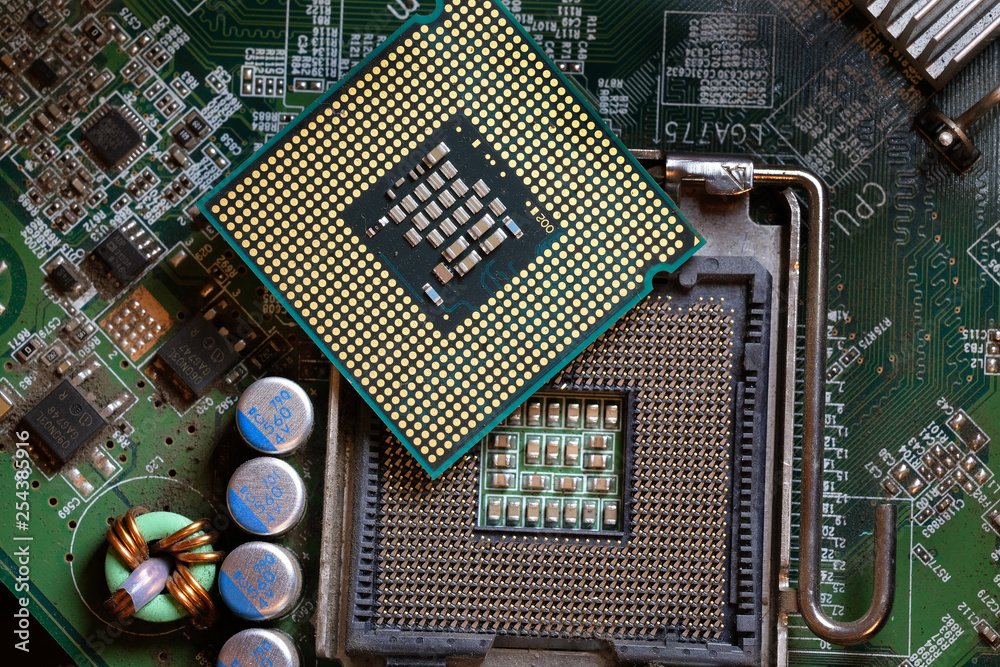 Very dirty and dusty computer mother board and CPU inside a desktop ...