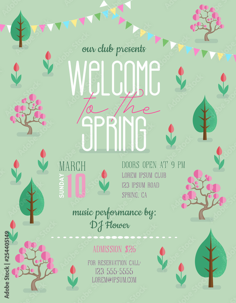 Welcome to the spring announcing poster template. Park with blossoming ...