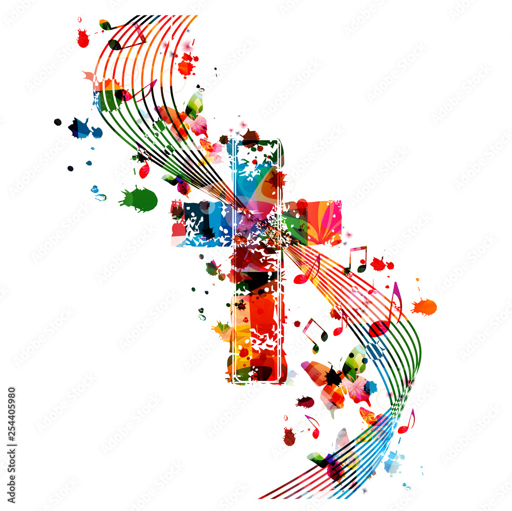 Colorful christian cross with music notes isolated vector illustration ...