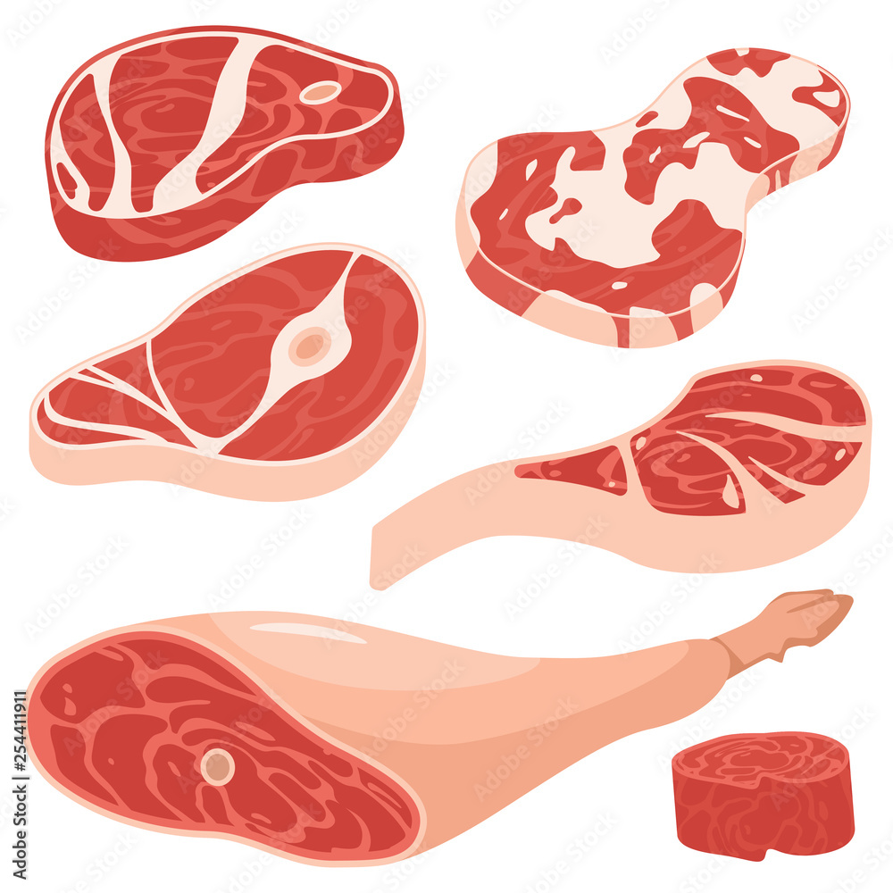 Fresh meat vector cartoon set. Portion of pork and beef steaks isolated ...