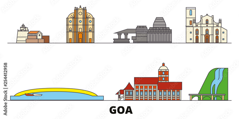 Vetor de India, Goa flat landmarks vector illustration. India, Goa line ...