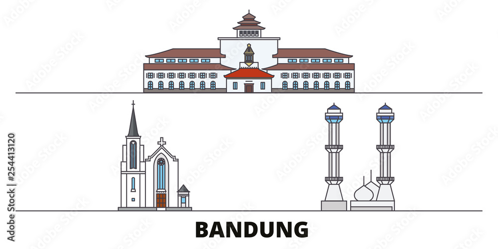 Indonesia, Bandung flat landmarks vector illustration. Indonesia ...