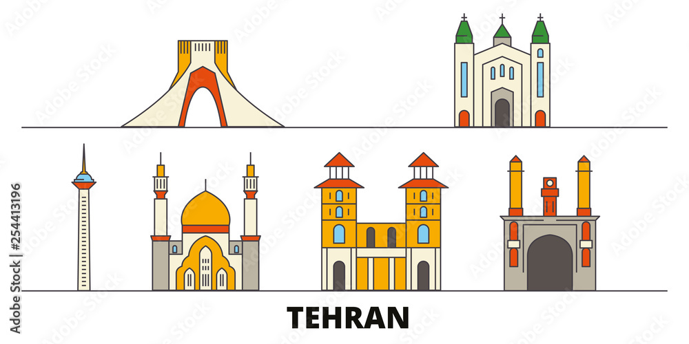 Iran, Tehran flat landmarks vector illustration. Iran, Tehran line city ...
