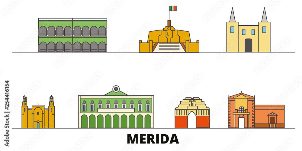 Mexico, Merida flat landmarks vector illustration. Mexico, Merida line ...