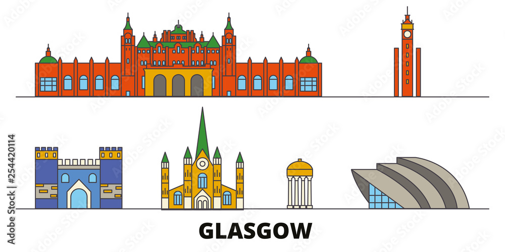 Scotland, Glasgow City flat landmarks vector illustration. Scotland ...
