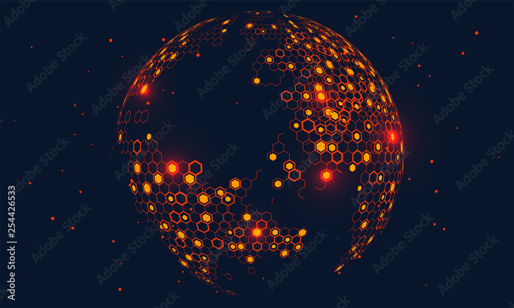 Hexagonal vector grid globe representing high tech, cloud computing and ...
