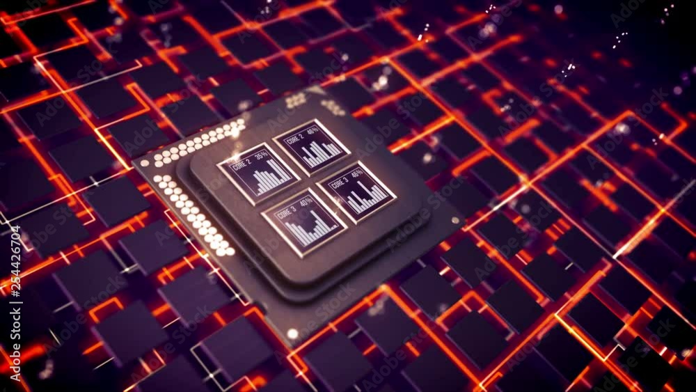 Impressive 3d rendering of CPU squares with bar charts beaming inside ...