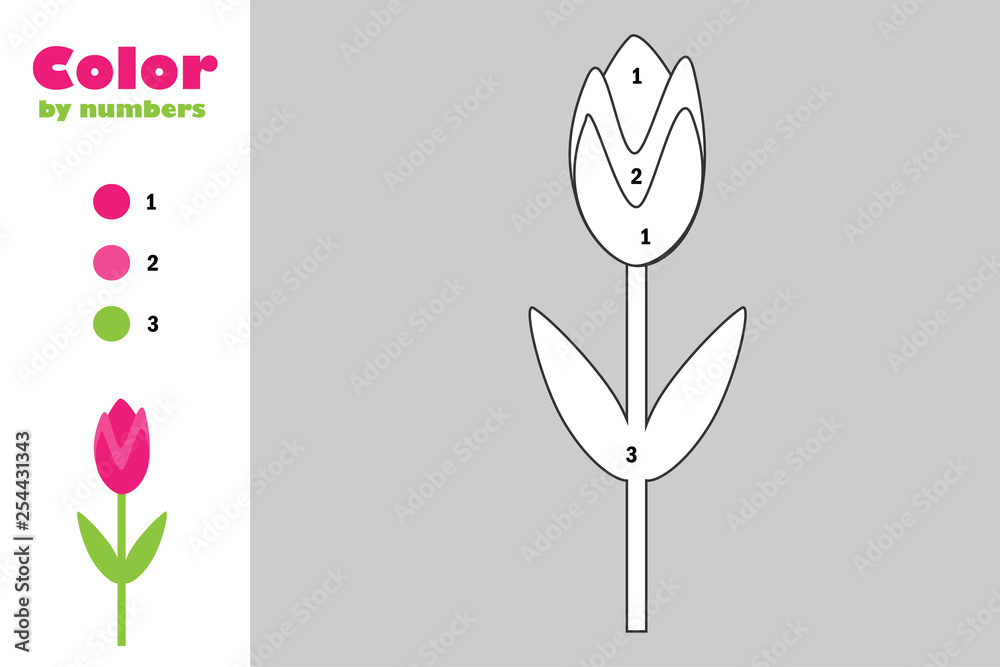 Tulip in cartoon style, color by number, education paper game for the ...
