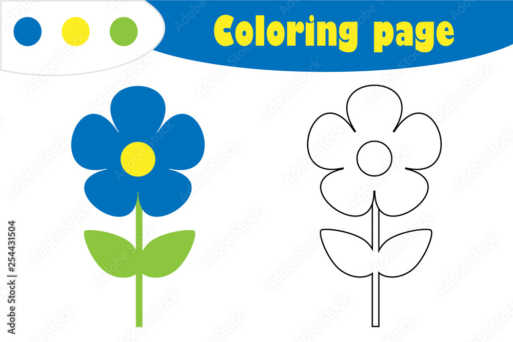 Blue flower in cartoon style, coloring page, spring education paper ...