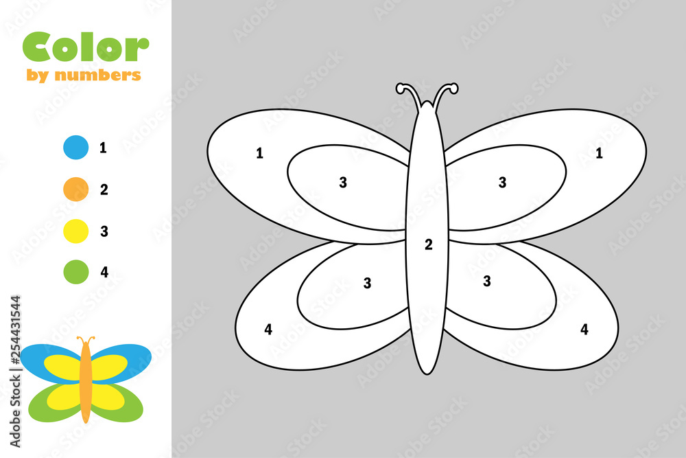 Butterfly in cartoon style, color by number, education paper game for ...