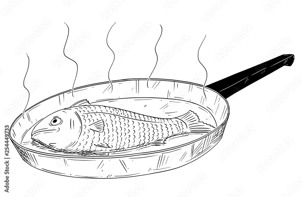 Cartoon drawing illustration of fish food cooked on frying pan. Stock ...