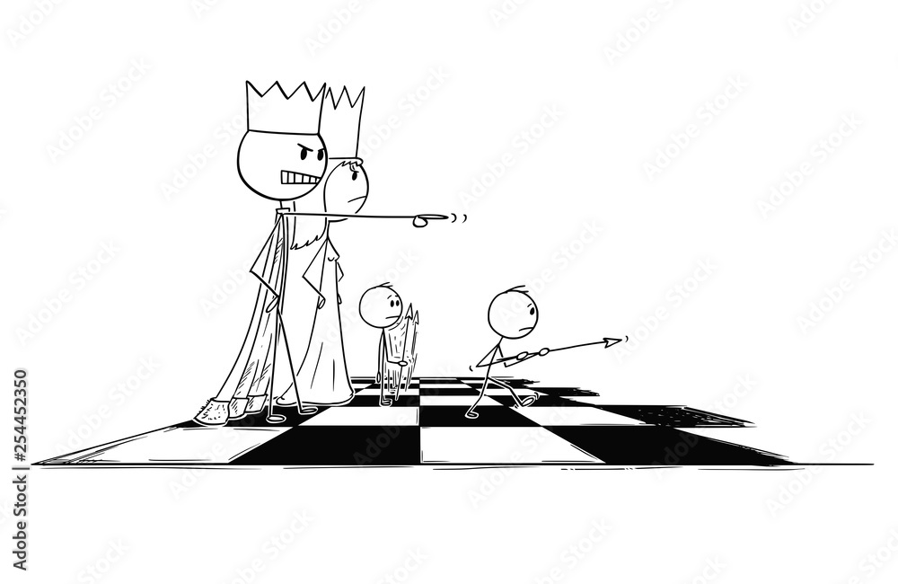 Cartoon stick figure drawing conceptual illustration of big chess king ...