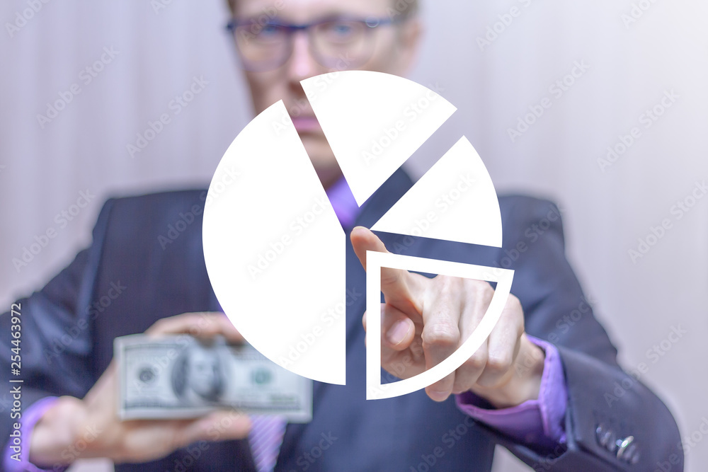 Businessman pushing a circle diagram virtual button and holding a ...