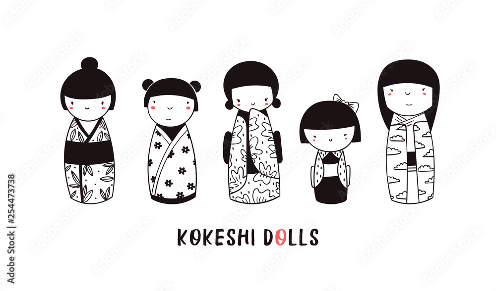 Cute Kokeshi dolls. Various characters. Traditional japanese toys ...