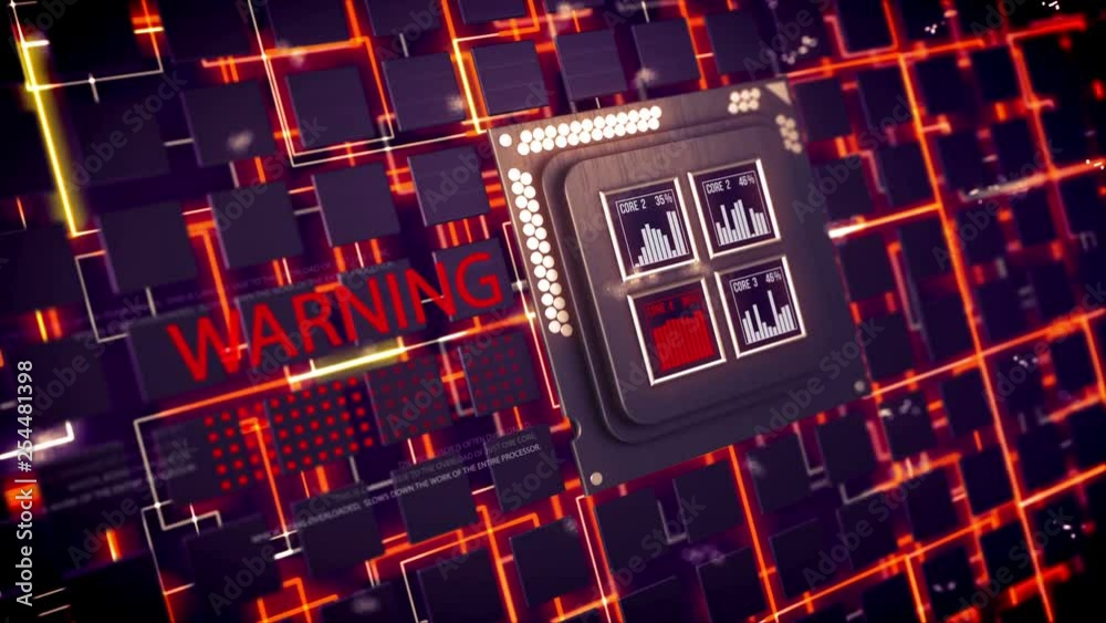 Futuristic 3d rendering of CPU squares with four bar charts sparkling ...