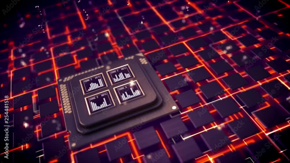 Innovative 3d rendering of CPU squares with bar charts glittering ...