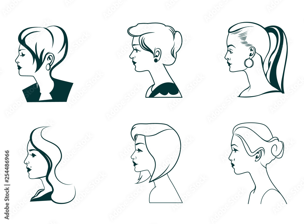 A set of beautiful female portraits in profile. Different girls with ...