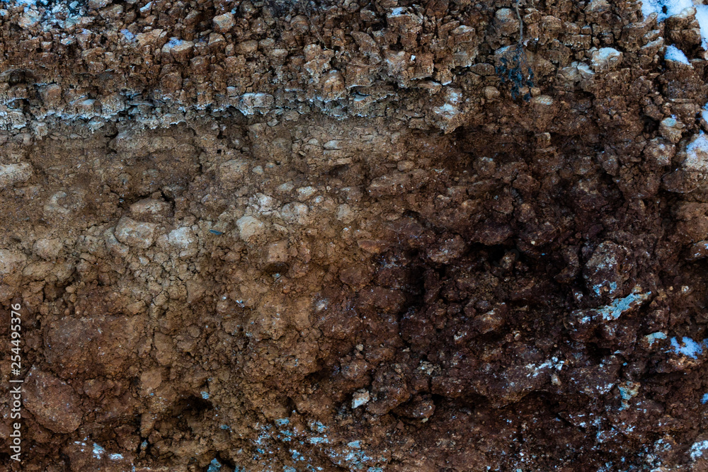 Soil cut-sandstone, stones, clay, sand structure and layers. slice of ...