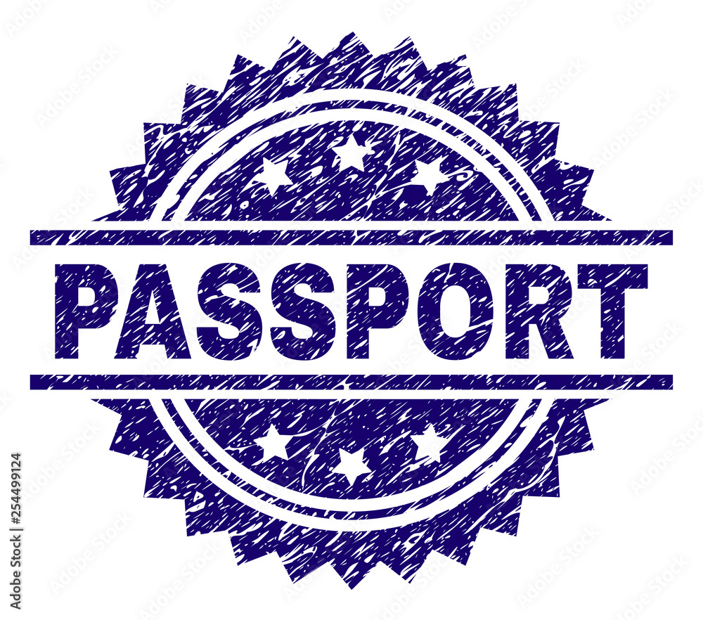 PASSPORT stamp seal watermark with distress style. Blue vector rubber ...