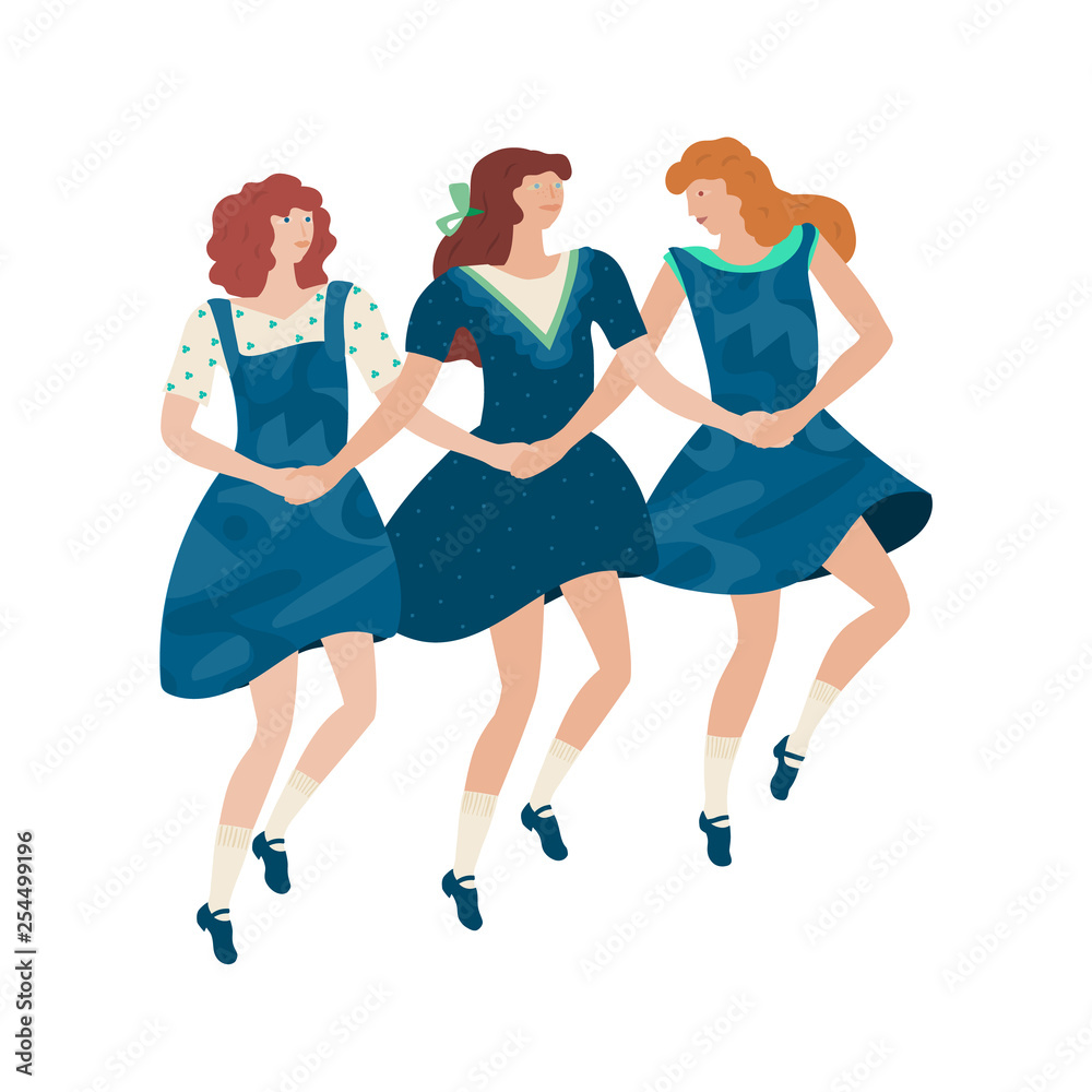 Irish dancers. Girls performing step dance. Hand drawn vector ...