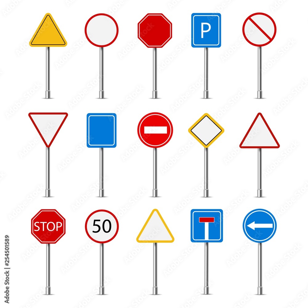 Traffic road realistic signs. Signage signal warning sign stop danger ...