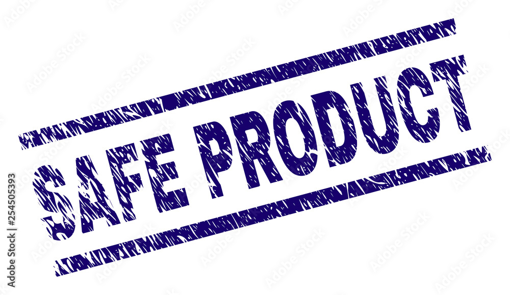 SAFE PRODUCT seal print with scratced style. Blue vector rubber print ...