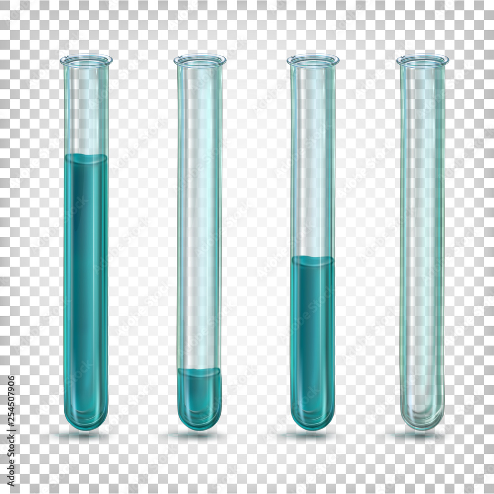 Laboratory glass tubes with blue liquid of different amounts. Vector ...
