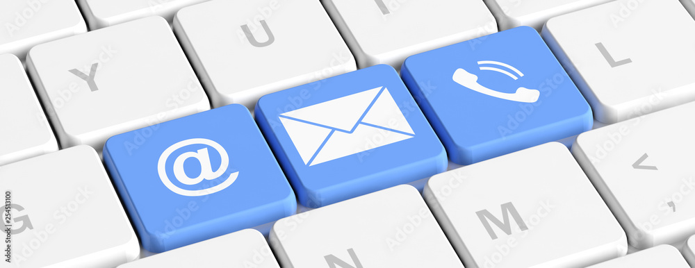 Contact us. Blue keys buttons with mail and phone signs on a computer ...