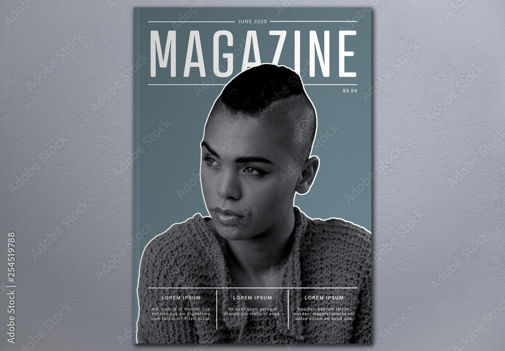 Magazine Cover Layout with Teal Background Stock Template | Adobe Stock