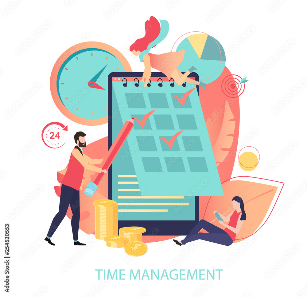 Time management. People plan schedule and manage their time. Coral ...