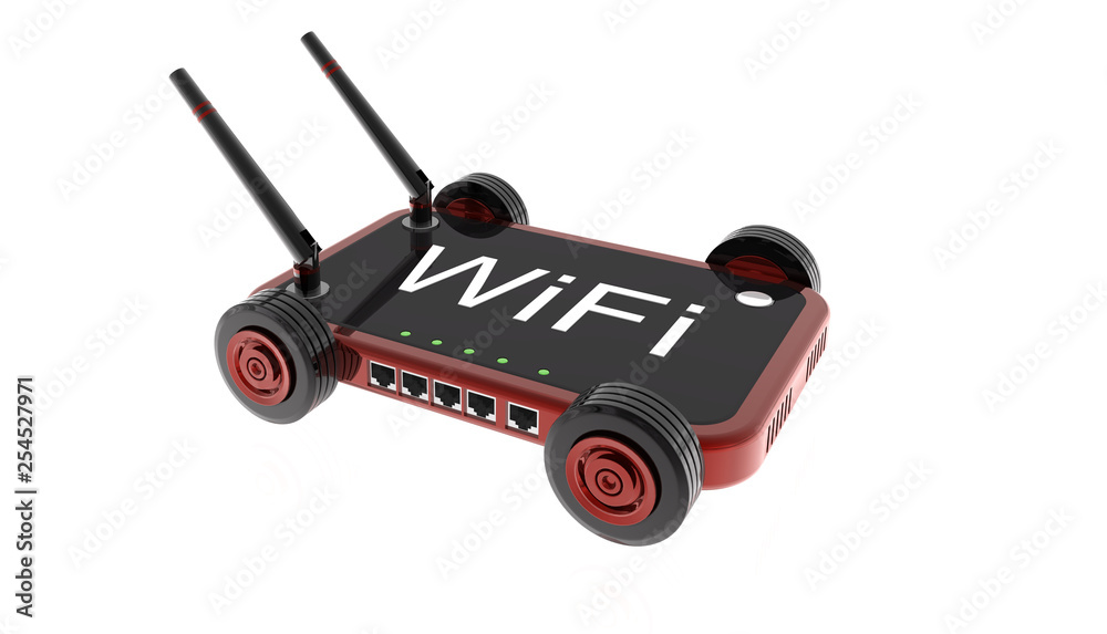 Red wifi modem on wheels on white background, high internet speed for ...