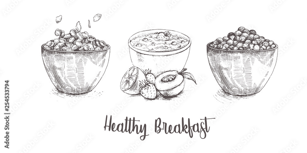 Vetor de Different kinds of breakfast cereal. Cornflakes in a bowl ...