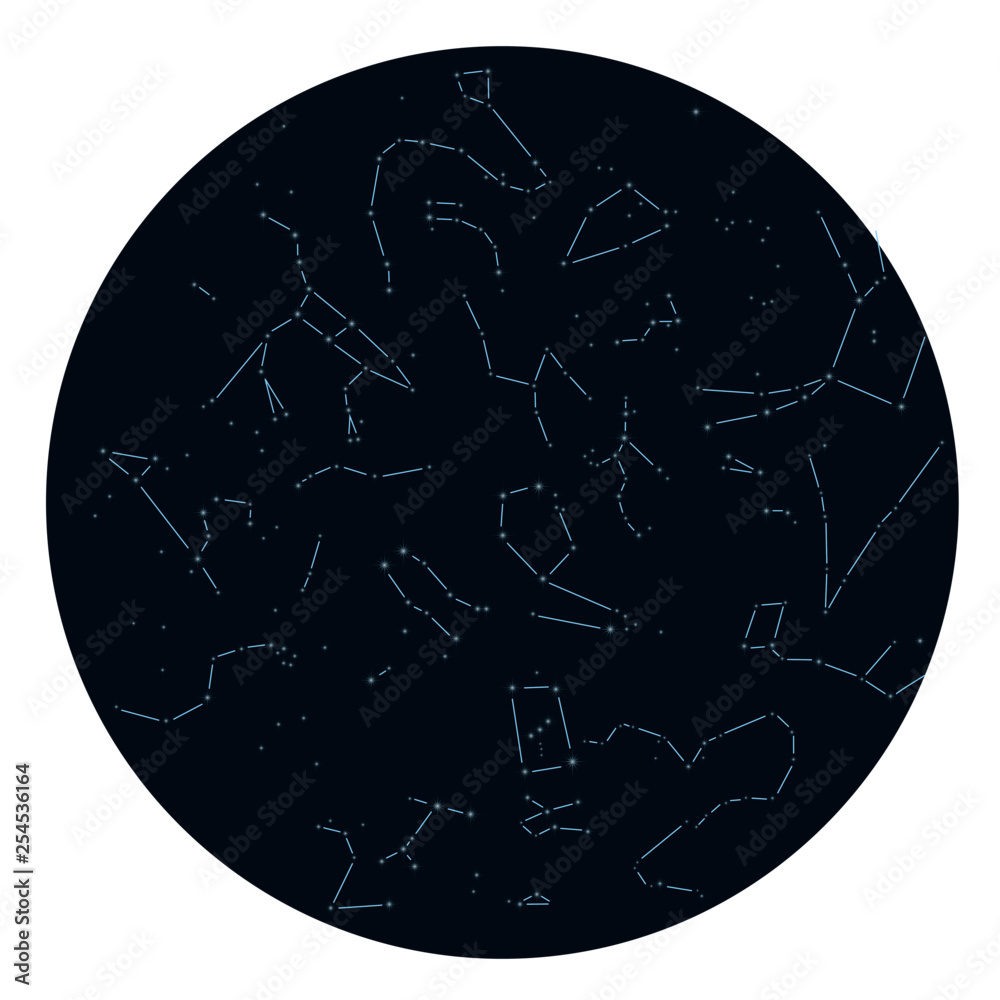 Celestial map of the night sky. Vector starry hemisphere. Stars on the ...