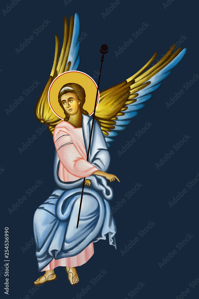 An angel sitting on the tomb of Jesus. First day after crucifixion ...