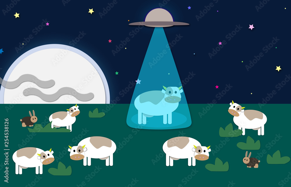 A flat illustration of a cow being beamed up to a UFO while standing ...