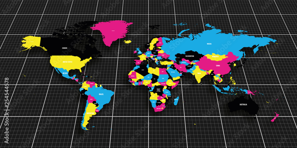 Colorful geopolitical map of World. Bottom perspective view with ...