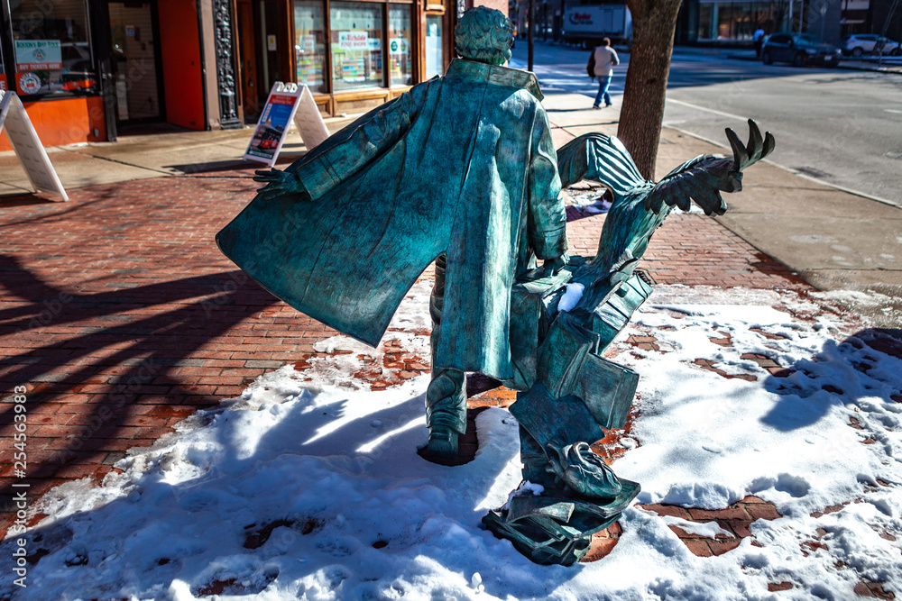 Boston, USA- March 01, 2019: The life-sized statue of Edgar Allan Poe ...
