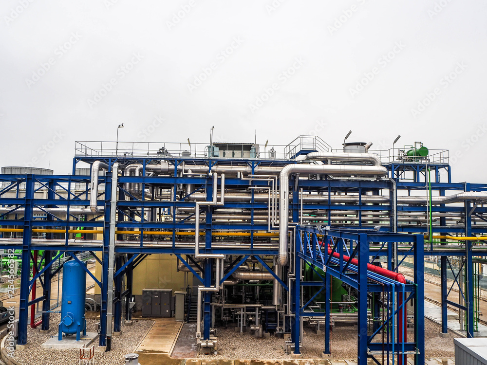 Steam pipe line and blue pipe rack in power plant. Stock Photo | Adobe ...