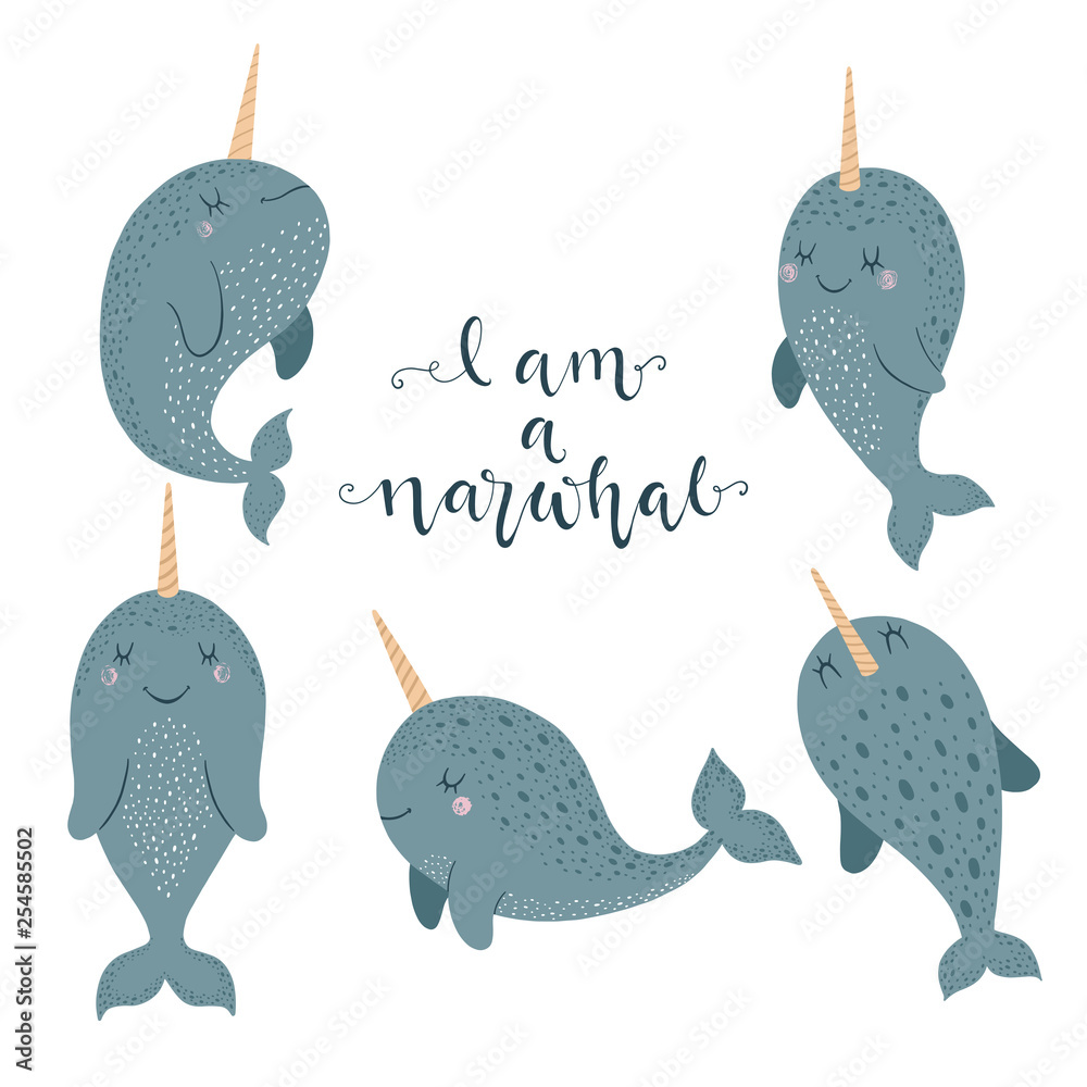 Set of cute vector illustration with narwhal baby for baby wear and ...