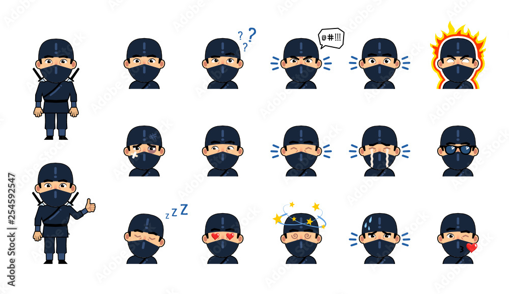 Set of chibi ninja emoticons. Kawaii ninja emojis showing diverse ...