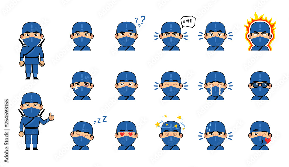Set of ninja emoticons. Funny ninja in blue outfit emojis showing ...