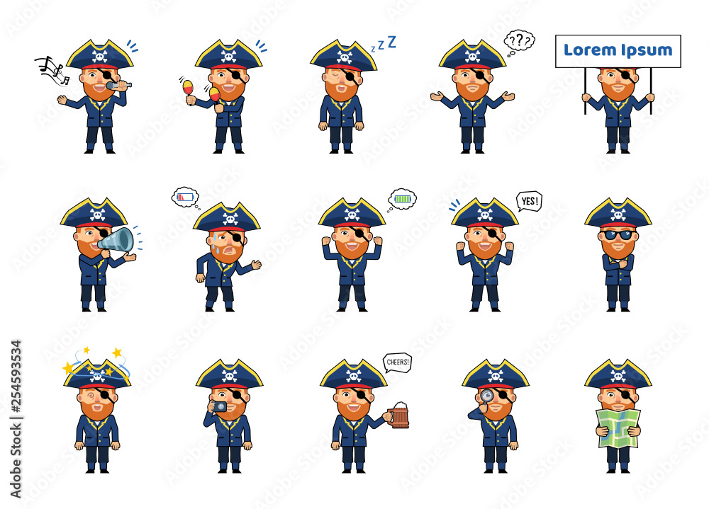 Set of chibi pirate characters showing diverse actions. Kawaii pirate ...