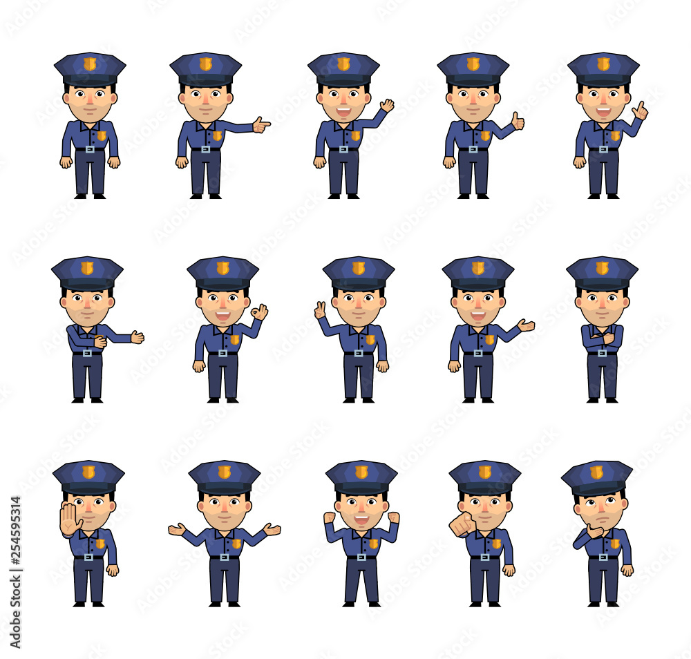 Set of policeman characters showing various hand gestures. Funny police ...