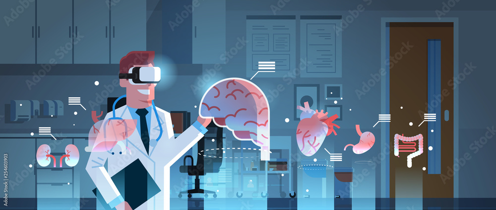 male doctor wearing digital glasses looking virtual reality brain human ...