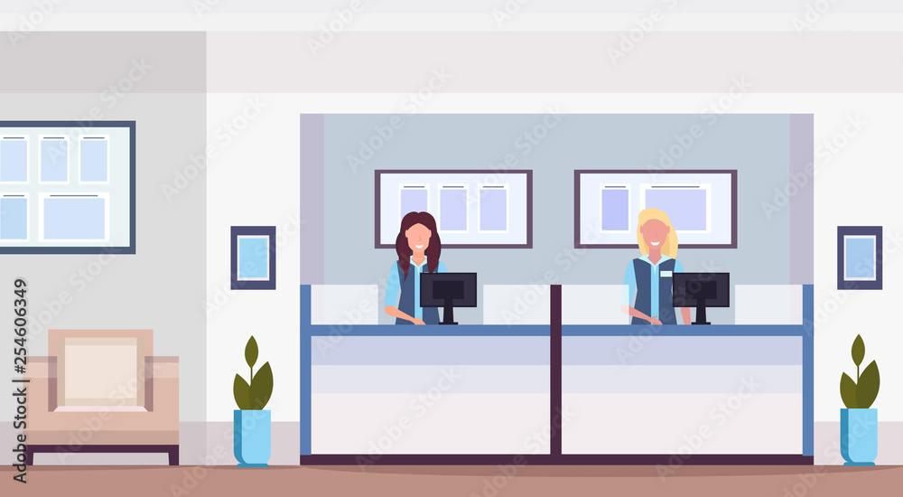 cashier women at cash desk financial consulting center with waiting ...